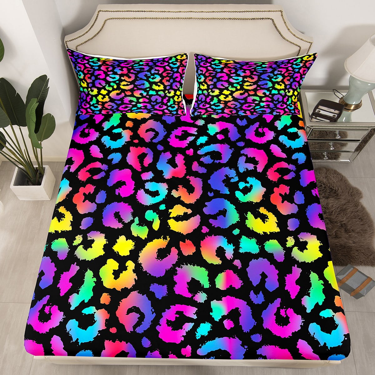 Leopard Print Fitted Sheet Rainbow Neon Cheetah Print Bed Sheets Twin
