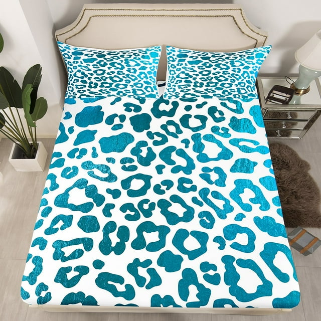 Leopard Print Fitted Sheet Sky Blue Cheetah Print Bed Sheets Full,Wild ...