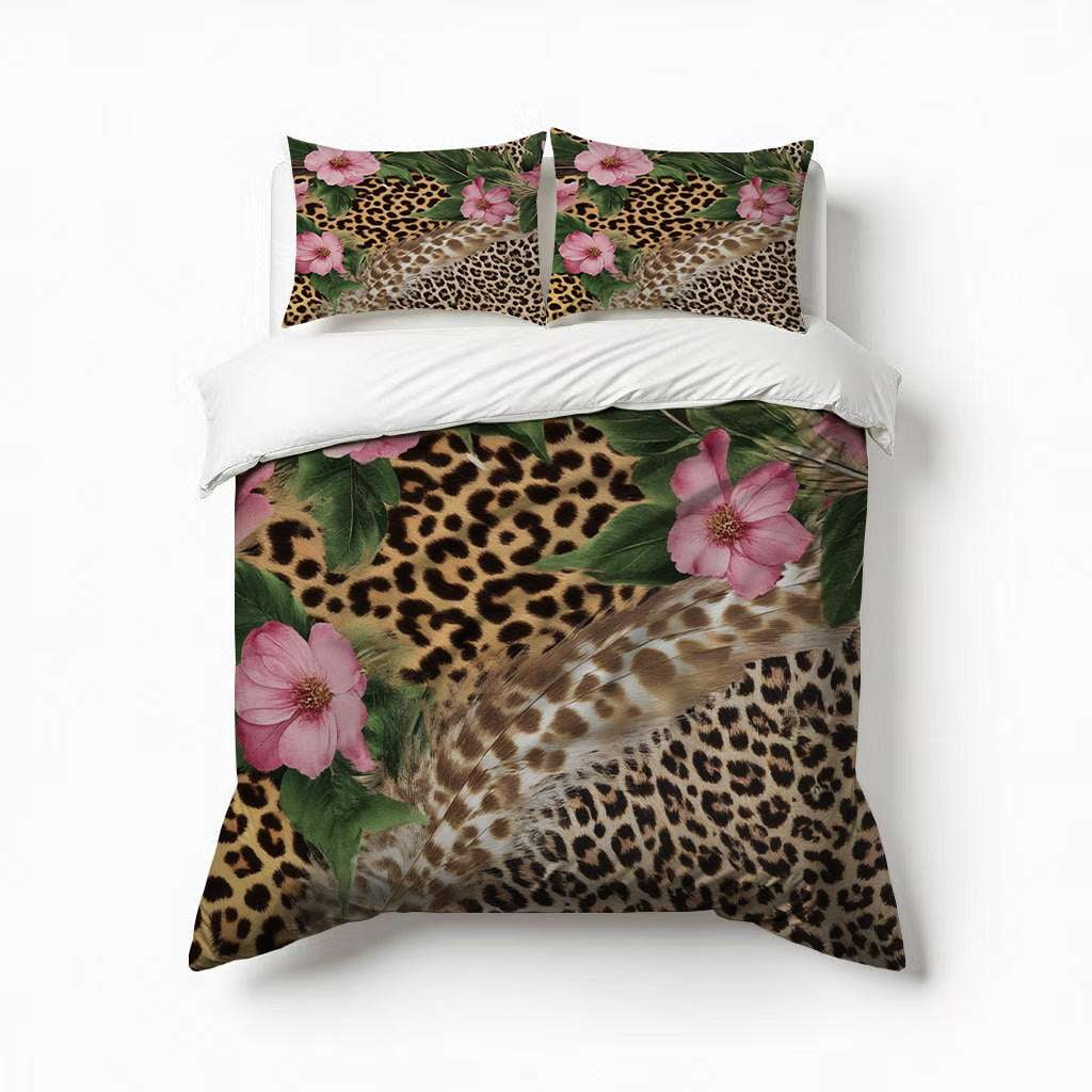 Leopard Print Floral Plumage Bedding Set 3 Pcs Soft Microfiber Quilt ...