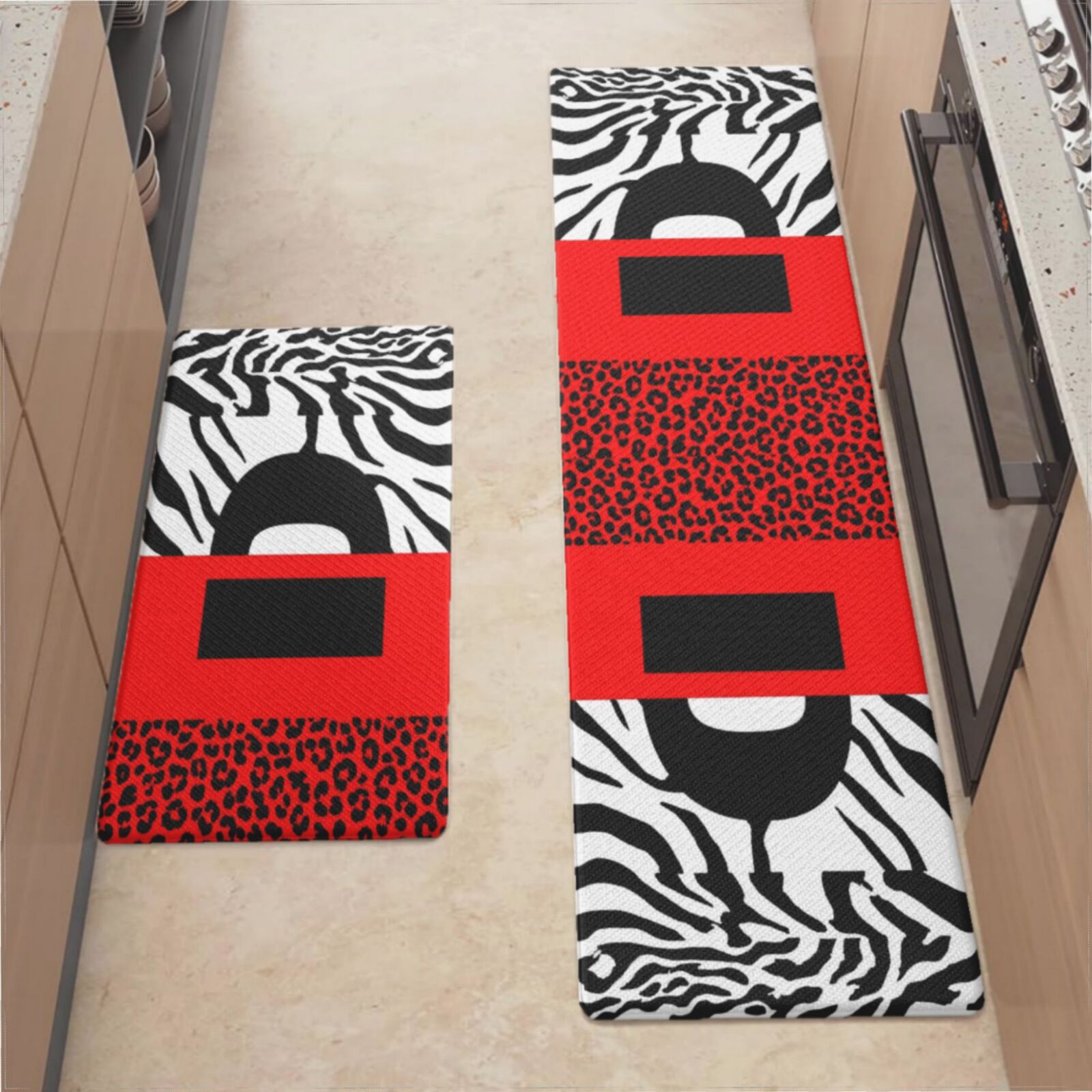 Leopard Print Heart Red Black White Pvc Kitchen Mat Runner 2 Pieces Non ...