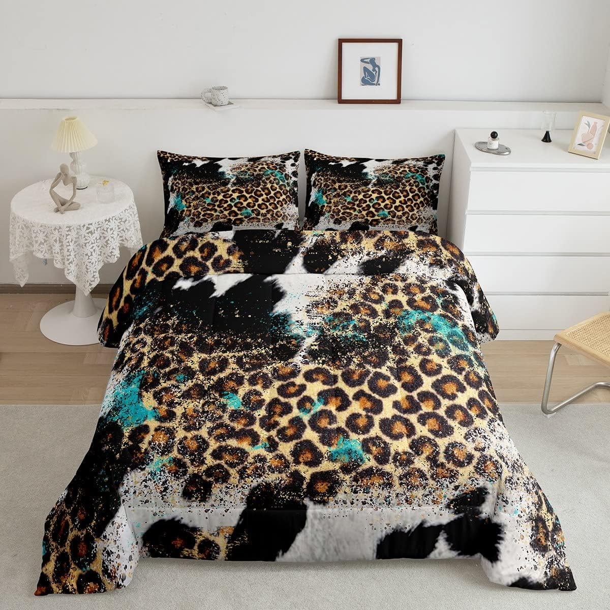 Leopard Print Comforter Set Queen Size,Adults Bedroom Decor,Black White ...