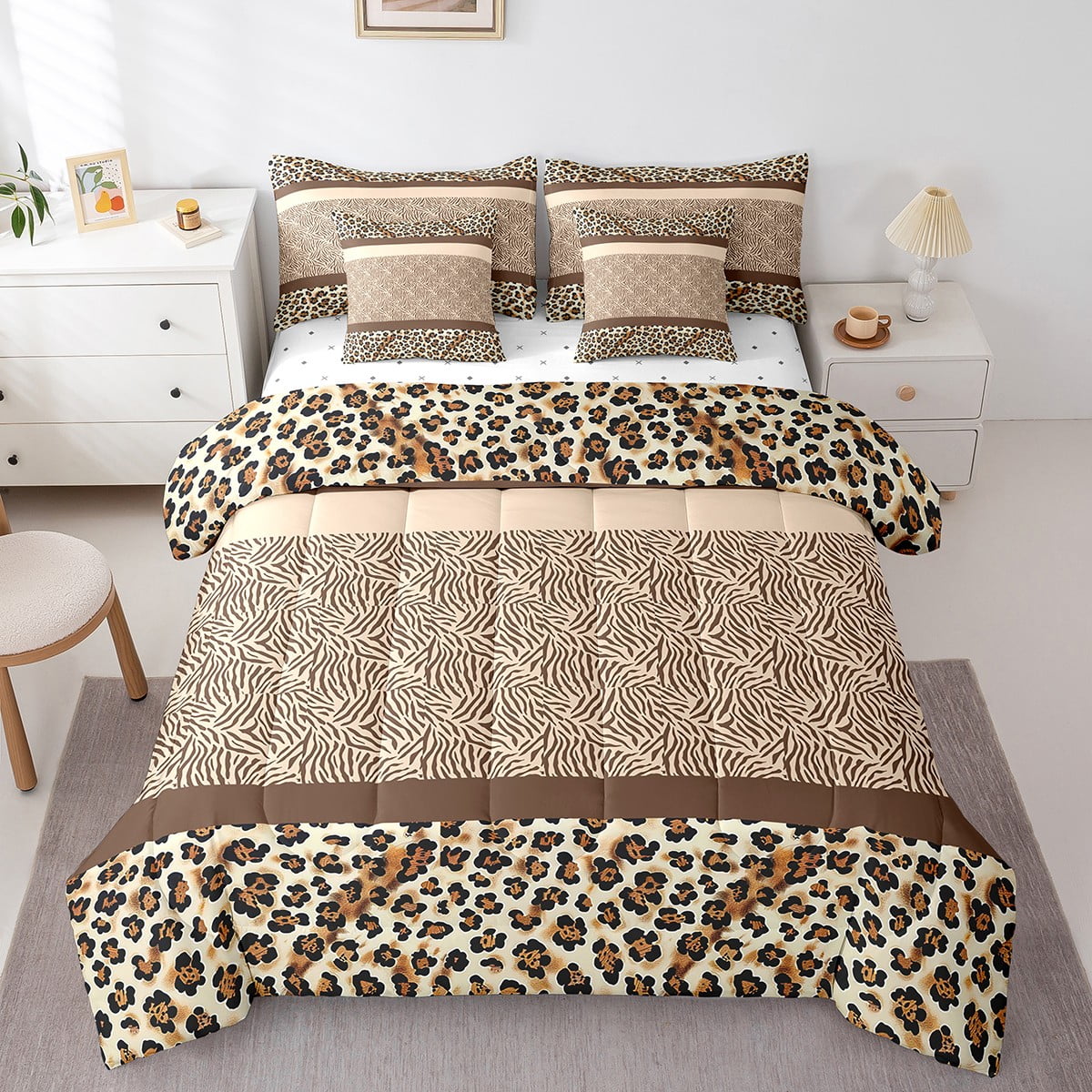 Leopard Print King Bedding Sets, Brown Zebra Print Splicing Comforter ...
