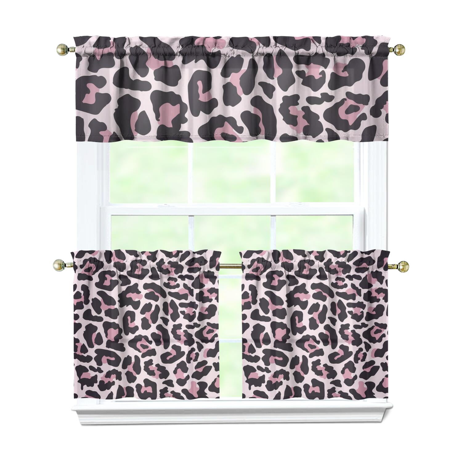 Leopard Print Kitchen Curtains 24 Inch Short - 3 Panel Set, Modern Cheetah Spot Design, Rod ...