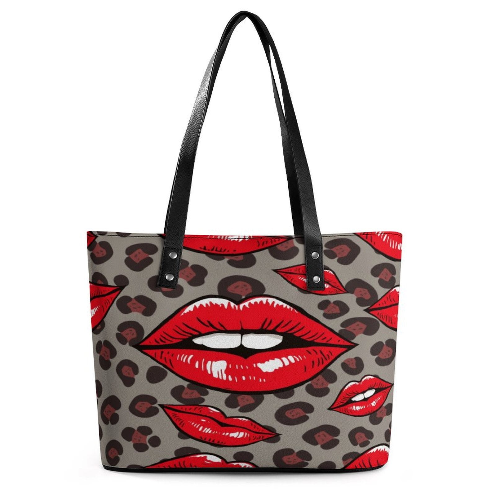 Leopard Print Lips Handbags PU Leather Shoulder Bag Tote Bag Top-Handle ...