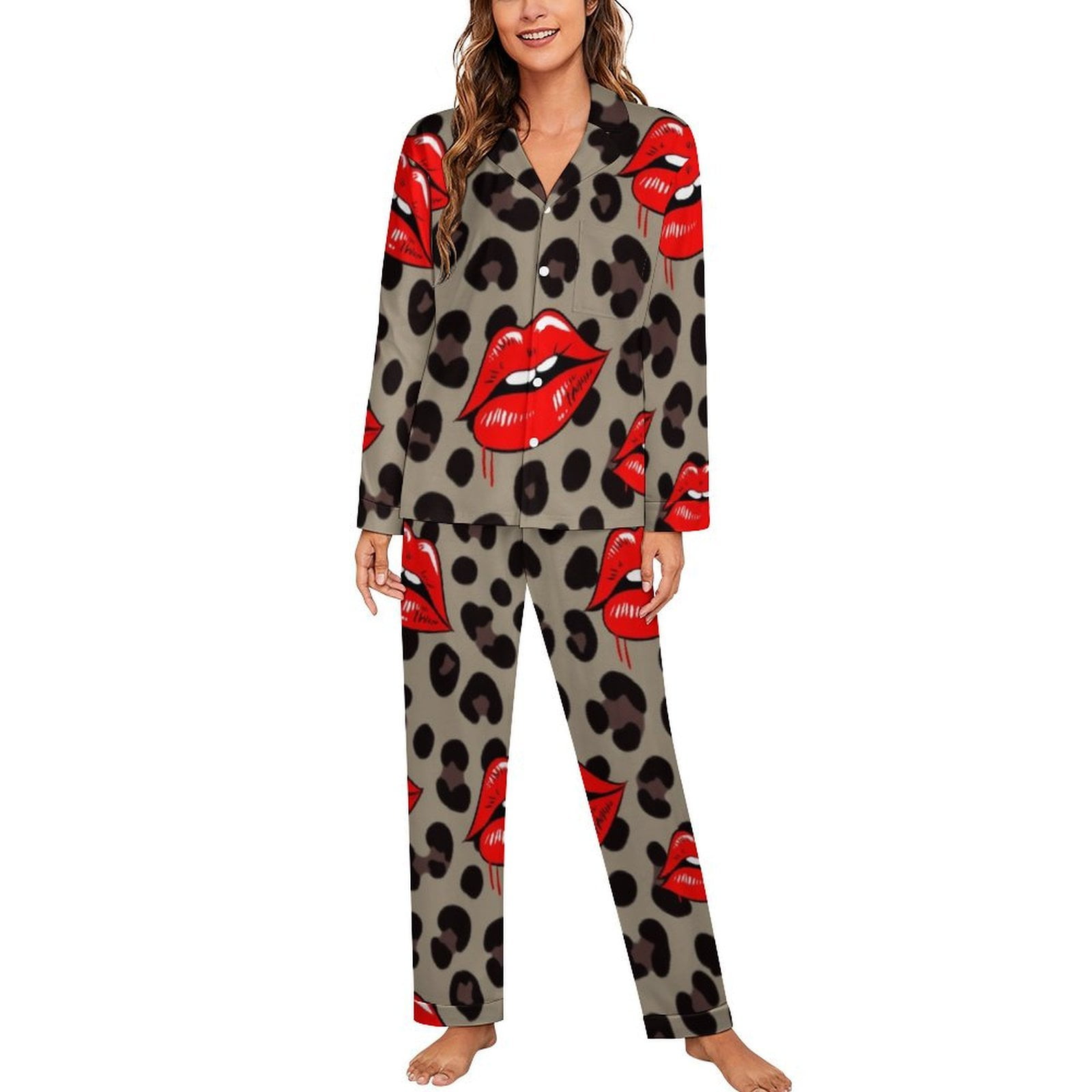 Leopard Print Lipstick Kisses Pajamas Night V Neck Nightwear Lady Two ...