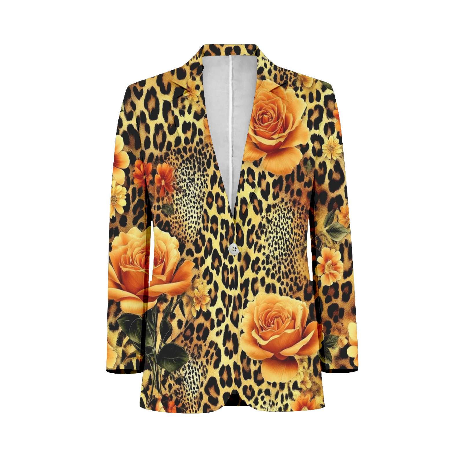 Leopard Print Orange Roses Floral Mens Suits Shawl Collar Slim Fit Suit ...