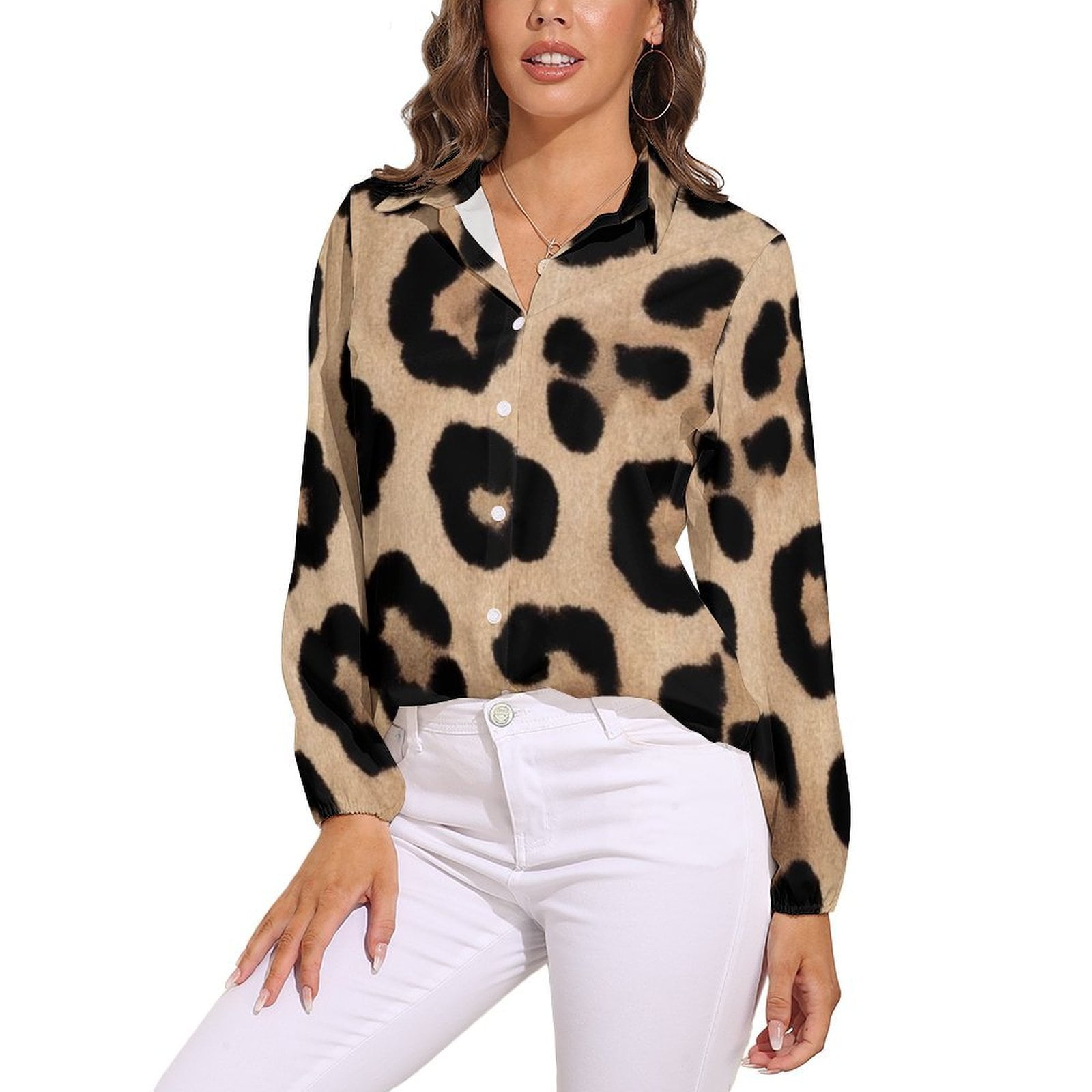 Leopard Print Pattern 5 Vntage Casual Long Sleeve Shirt Blouse Woman ...