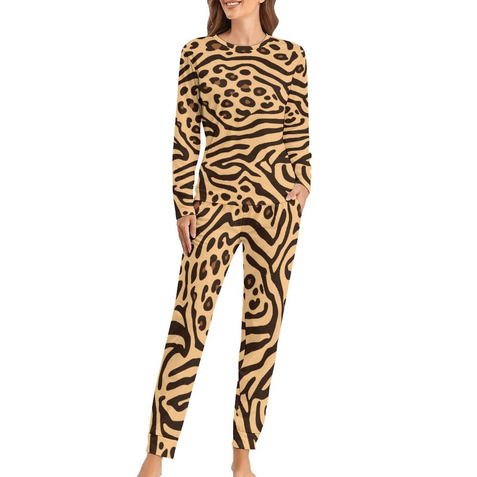 Leopard Print Pattern Pajamas Woman Two Piece Design Long Sleeves ...