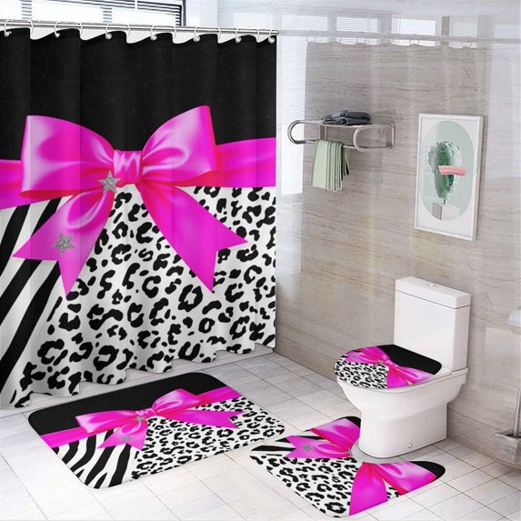 Leopard Print Pattern Shower Curtain Set Modern Bathroom Decor Mats ...