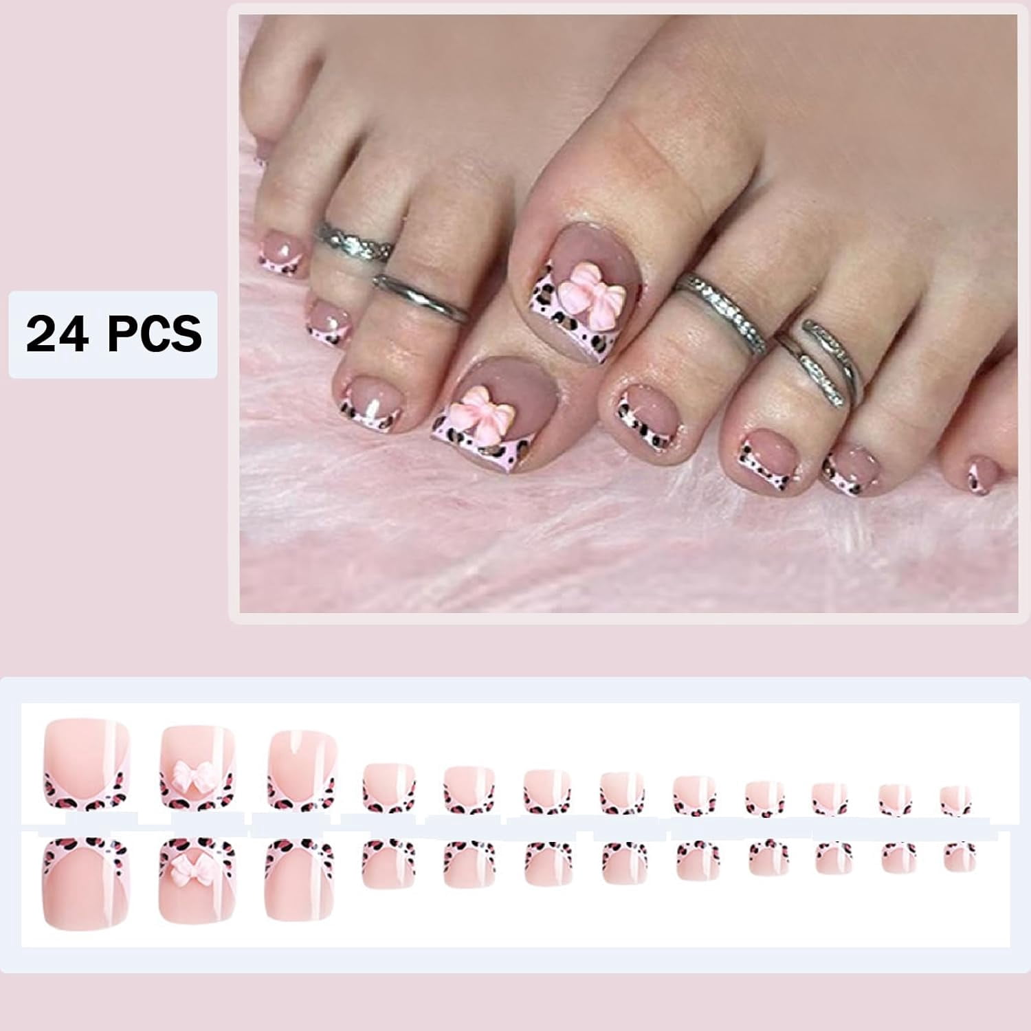 Leopard Print Press on Toenails Short Square Fake Toes with Cute 3D Bow ...