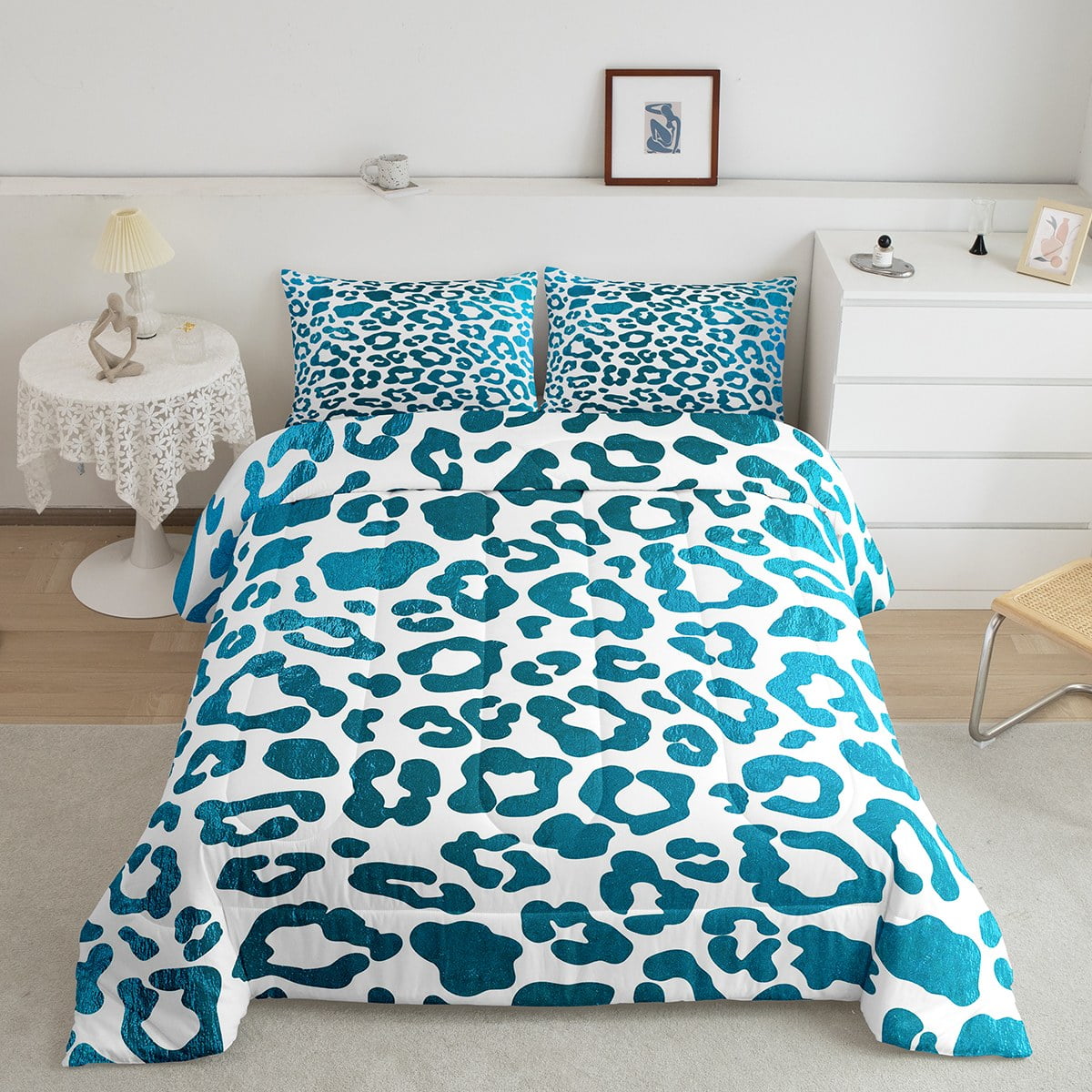 Leopard Print Queen Comforter Set Sky Blue Cheetah Print Bedding Set ...
