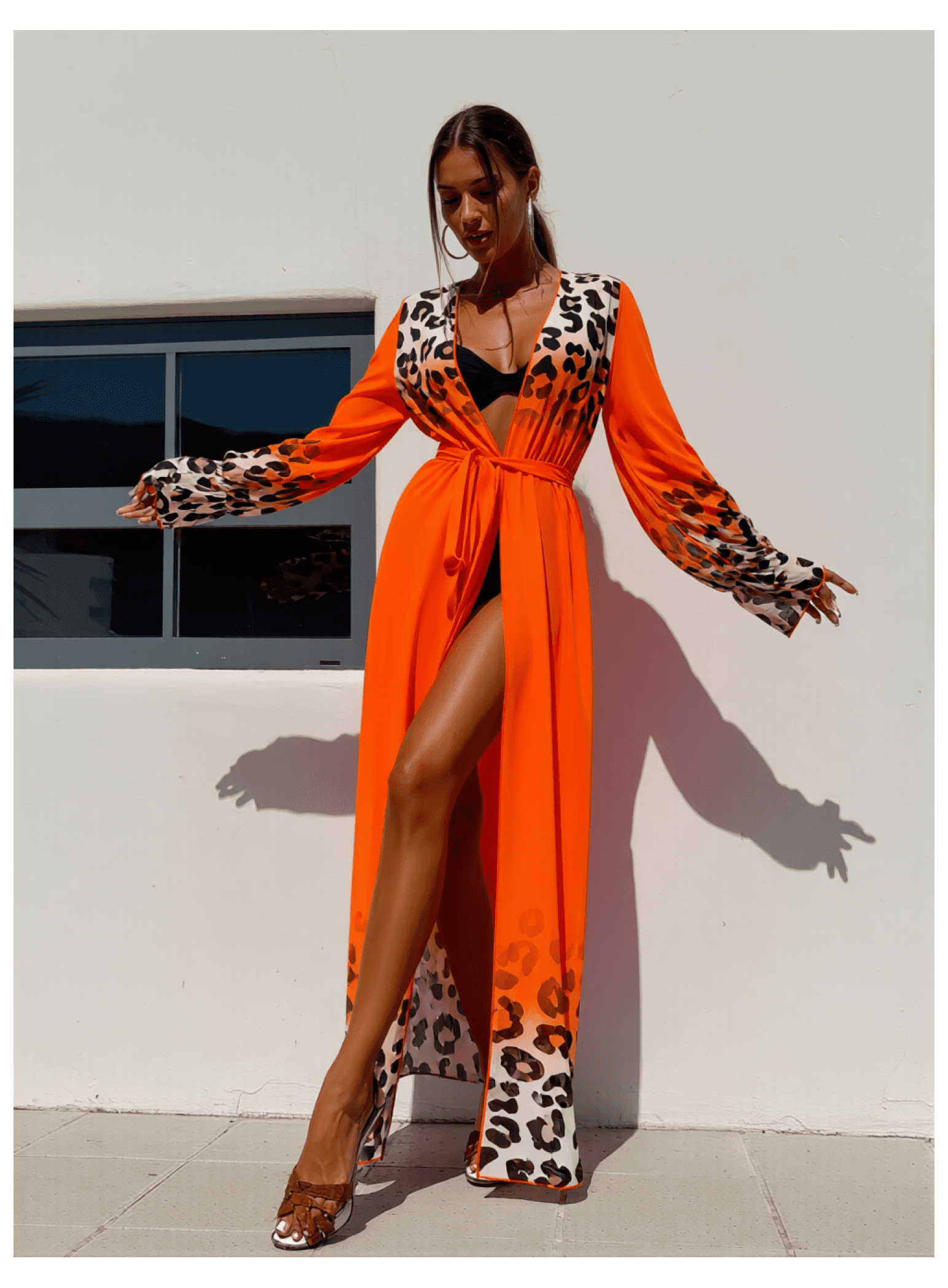 Leopard Print Robe for Women - Orange Longline Sheer Cover Up; Tie ...
