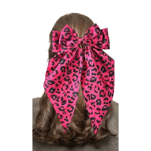 Leopard Print Satin Large Bow Hair Clip, Retro Elegant Back-of-Head ...