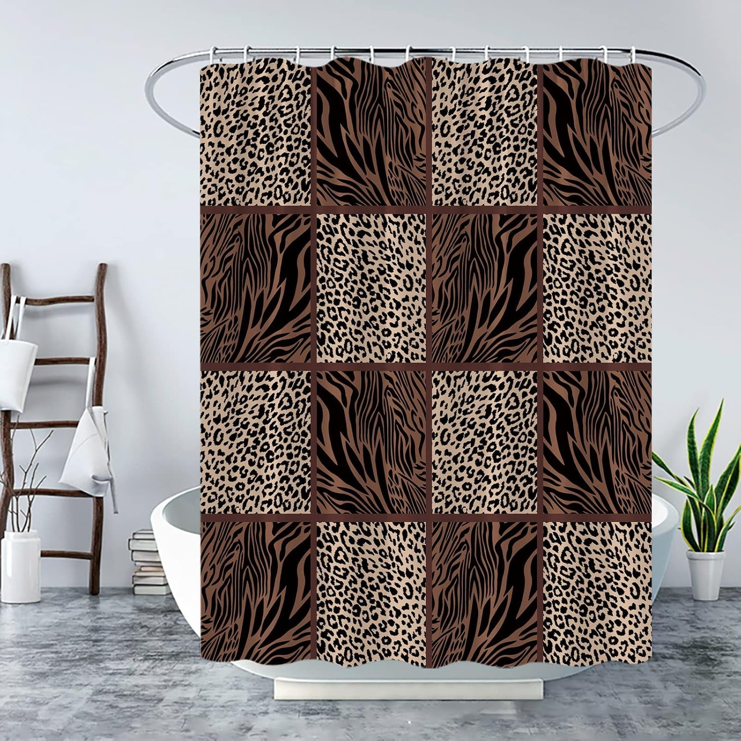 Leopard Print Shower Curtain Patchwork Wild Animal Skin Pattern Geometric Square Stripe Splice ...
