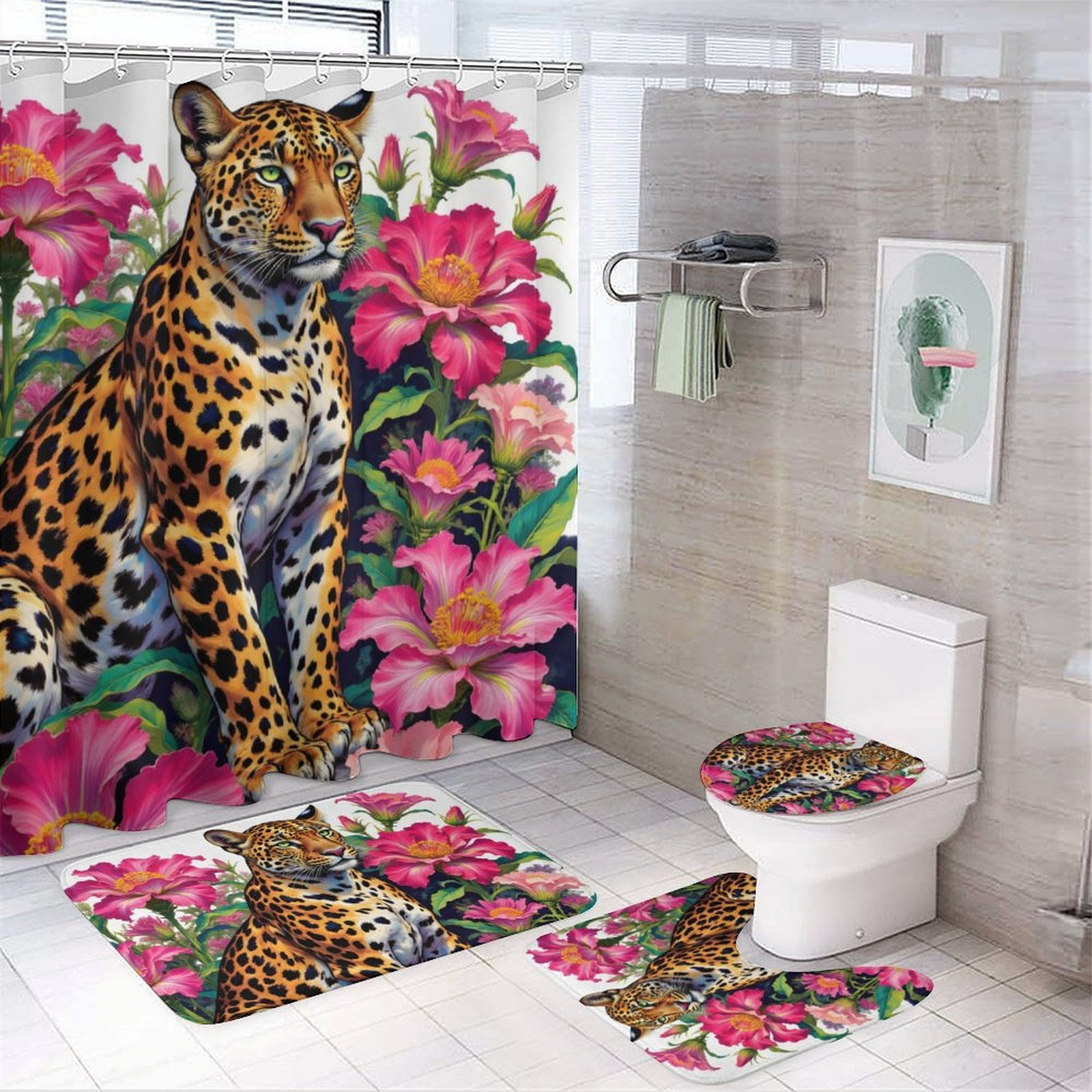Leopard Print Shower Curtain Set 4-Set Jungle Animal Theme Bathroom ...