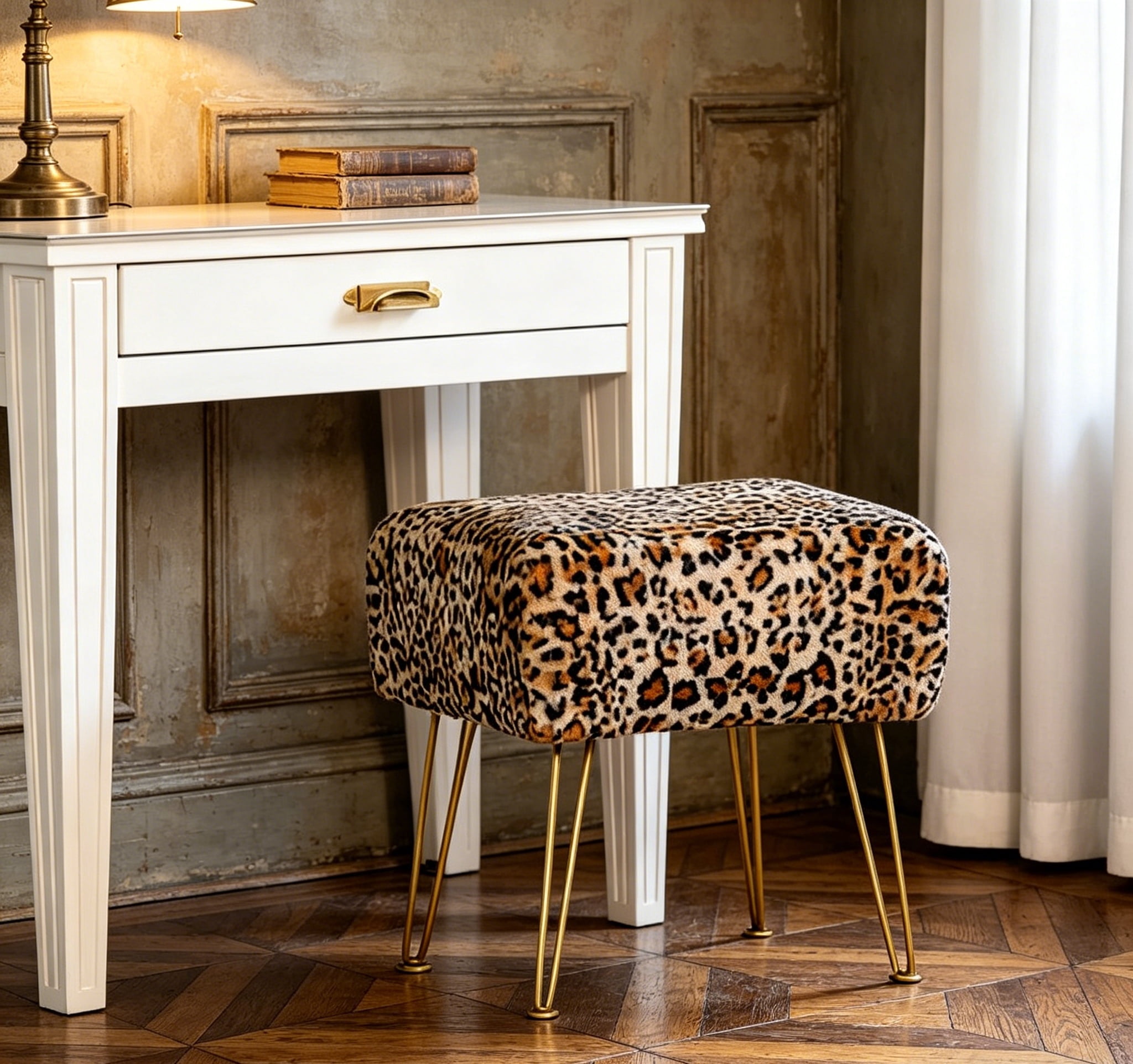 Leopard Print Square Ottoman 17"x17"x17", Faux Fur Entryway Bench ...