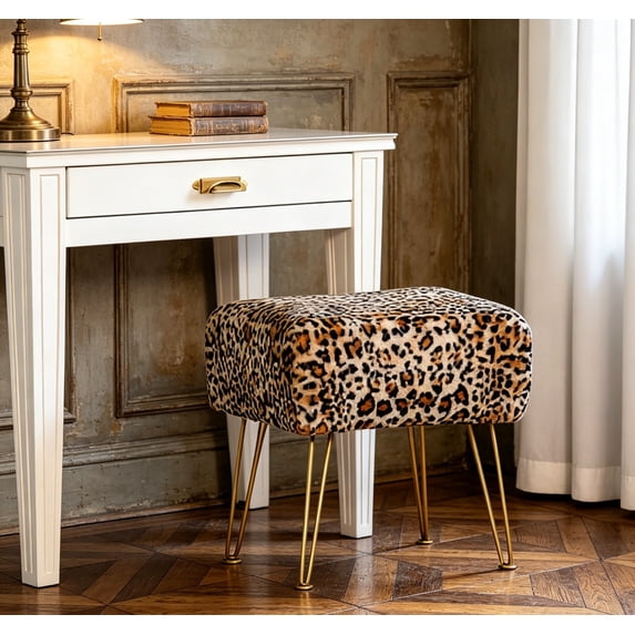 Leopard Print Square Ottoman 17"x17"x17", Faux Fur Entryway Bench ...