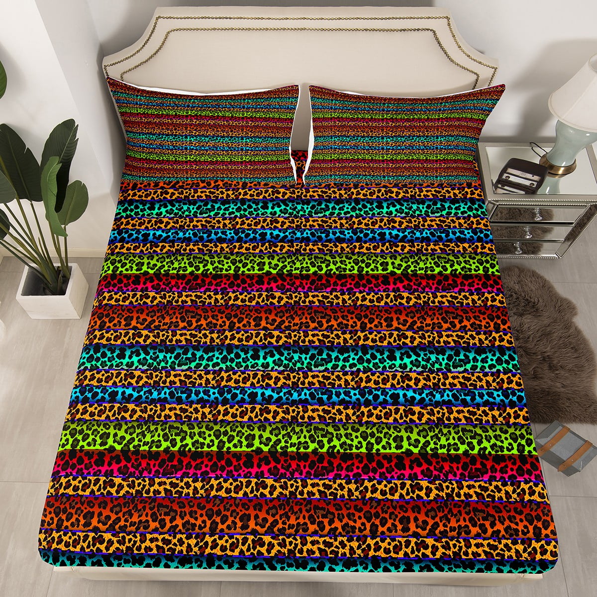 Leopard Print Striped Fitted Sheet Rainbow Cheetah Print Stripes Bed ...