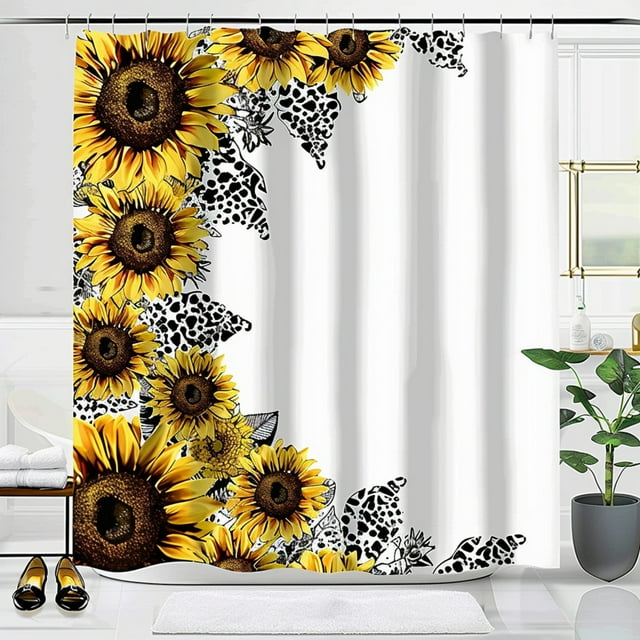 Leopard Print Sunflower Bathroom Decor Set Shower Curtain With Towel