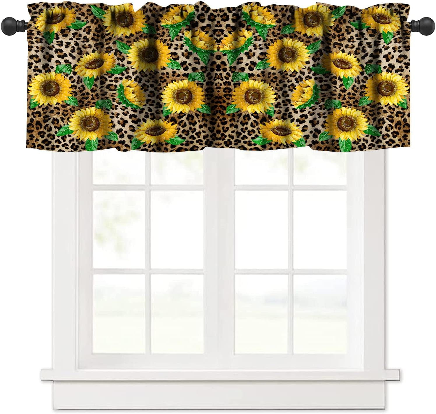 Leopard Print Sunflower Kitchen Curtain Valance, Yellow Floral African ...
