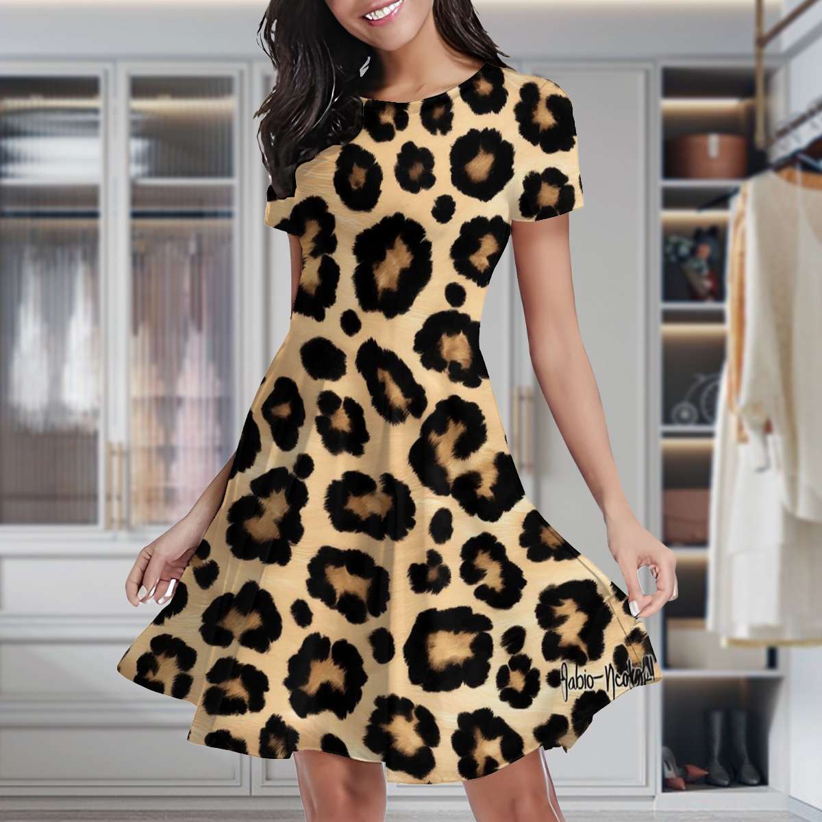 Leopard Print Tan Black Background Women's Classic Swing Skater Dress ...