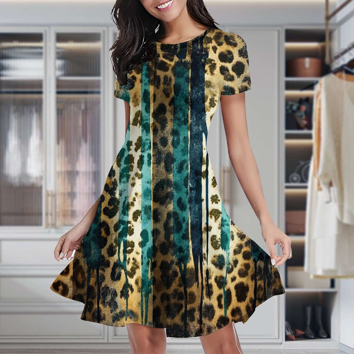 Leopard Print Teal Stripes Grunge Art Women's Classic Swing Skater ...