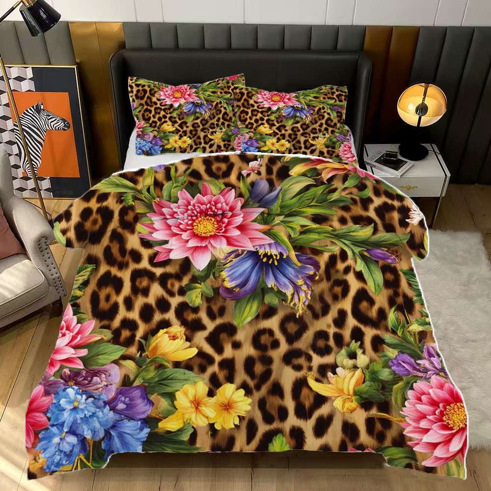 Leopard Print Vibrant Floral Blooms Comforter Set Full Size Bedding Set ...
