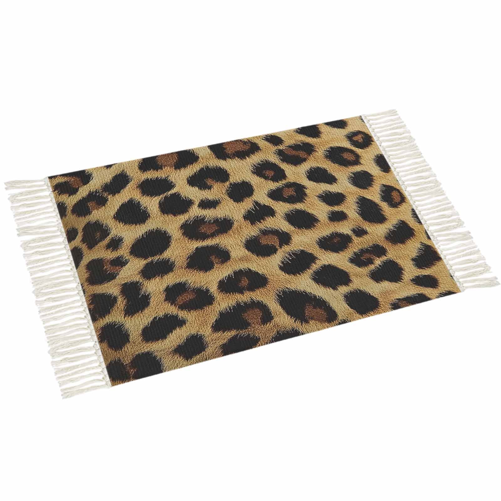 Leopard Print Washable Bath Rug - 2x3 Entry Rug Washable Indoor Bathroom Door Mat with Tassel ...