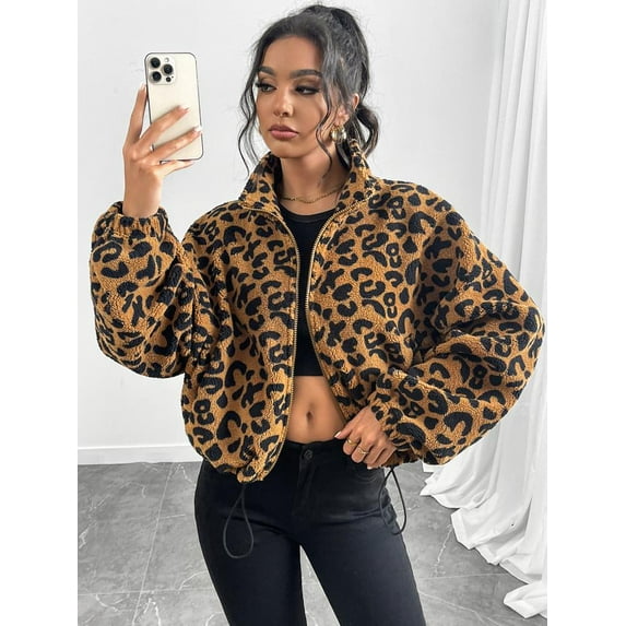 Leopard Print Zip up Casual Jacket (S, MultiBrown) - Walmart.com