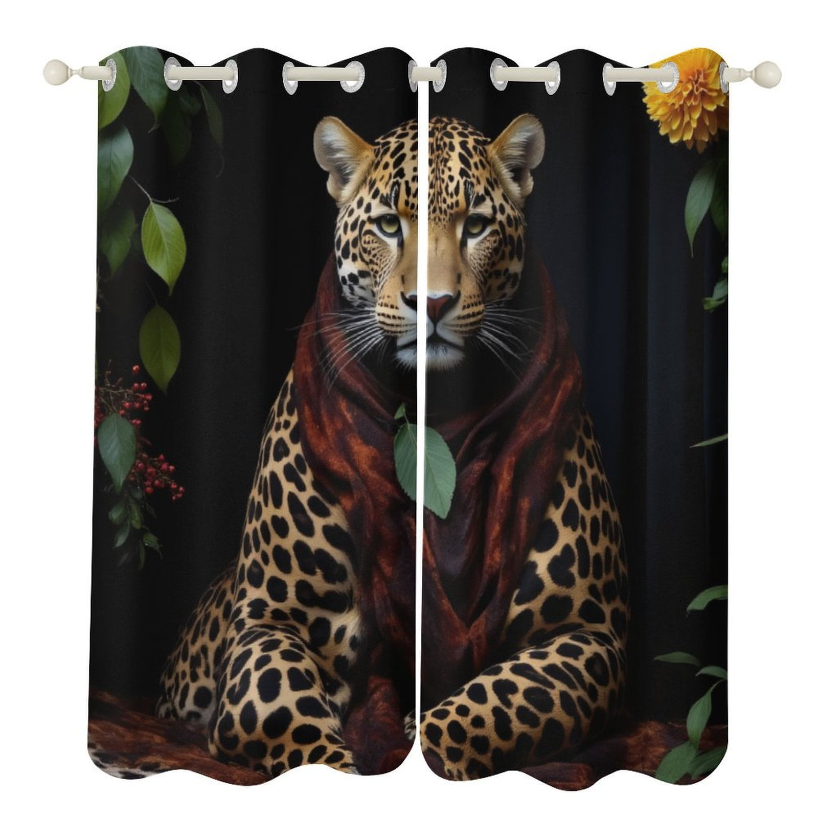 Leopard Print with Floral Accents 2 Panels Curtains for Bedroom Living ...