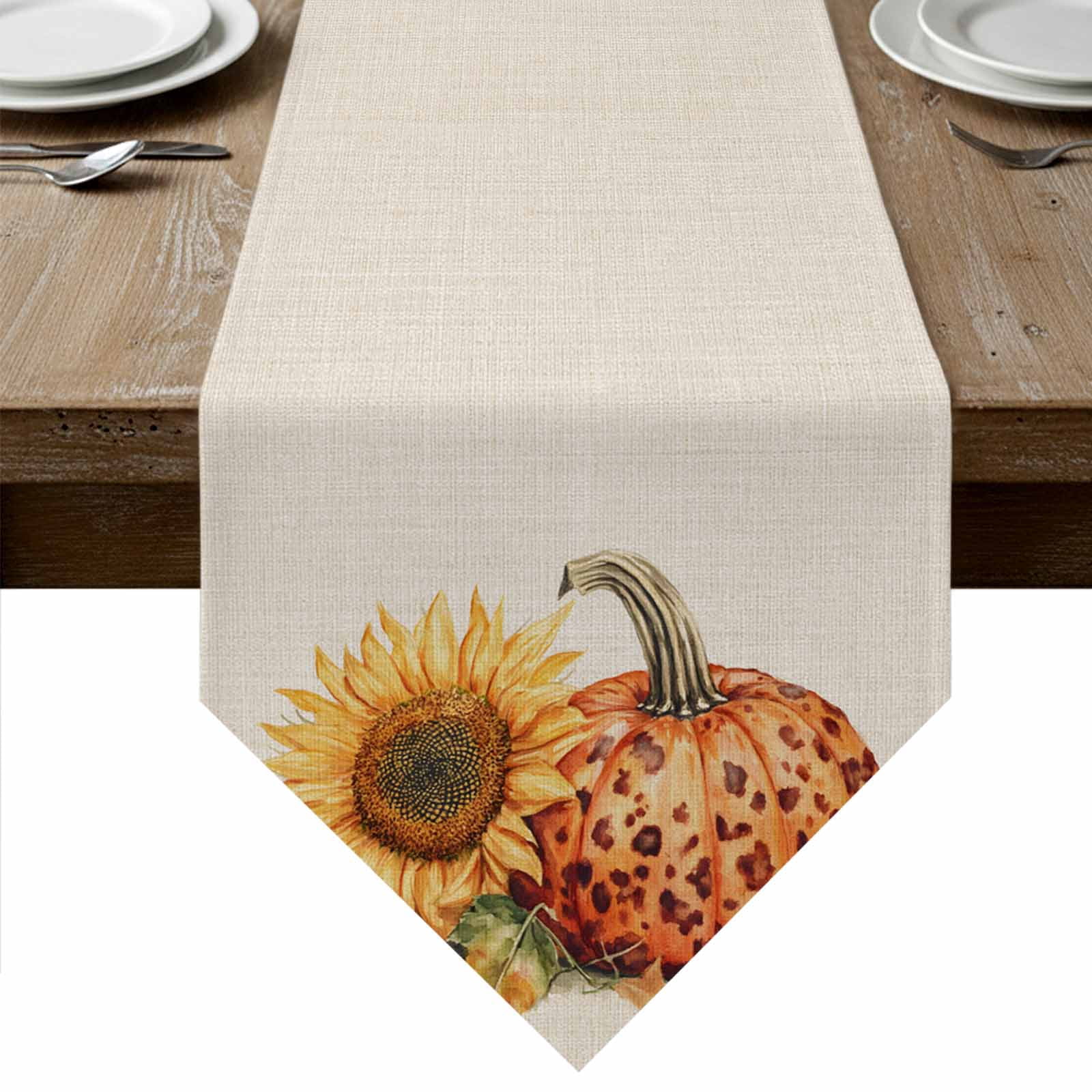 Leopard Pumpkins Sunflowers Table Runner Linen Burlap Table Runner 72 ...
