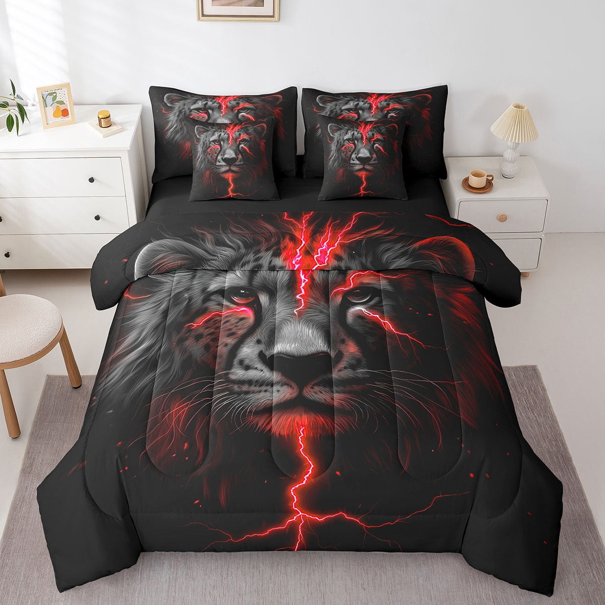 Leopard Queen Comforter Set 7 Piece Teen Men,Black Red Lightning ...
