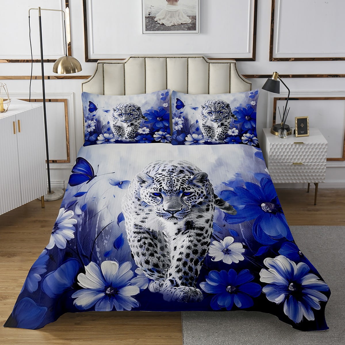 Leopard Quilt Set Daisy Flowers Queen Bedspread Set,Navy Blue Ombre Oil ...