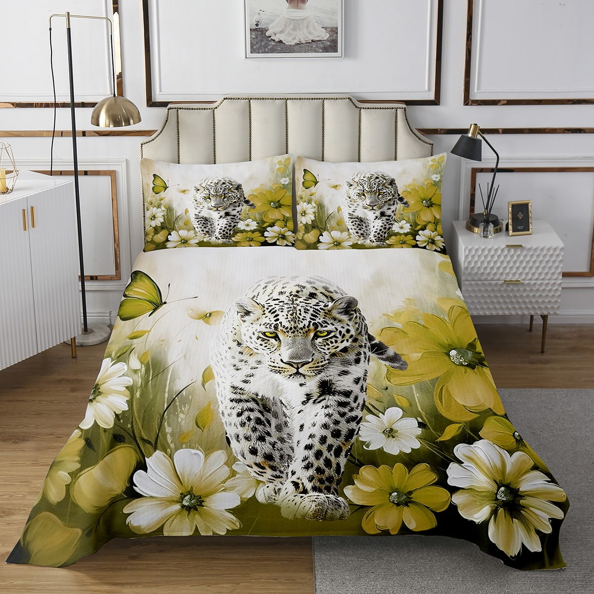 Leopard Quilt Set Daisy Flowers Queen Bedspread Set,Yellow Ombre Oil ...