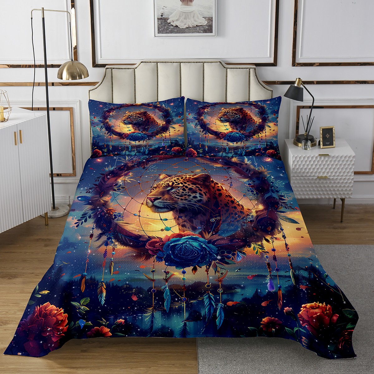 Leopard Quilt Set Dreamcatcher Coverlet Set,Boho Floral Feather ...