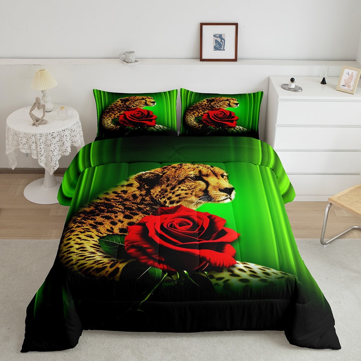 Leopard Rose Quilt Abstract Ombre Comforter Set Full,Cheetah Print ...