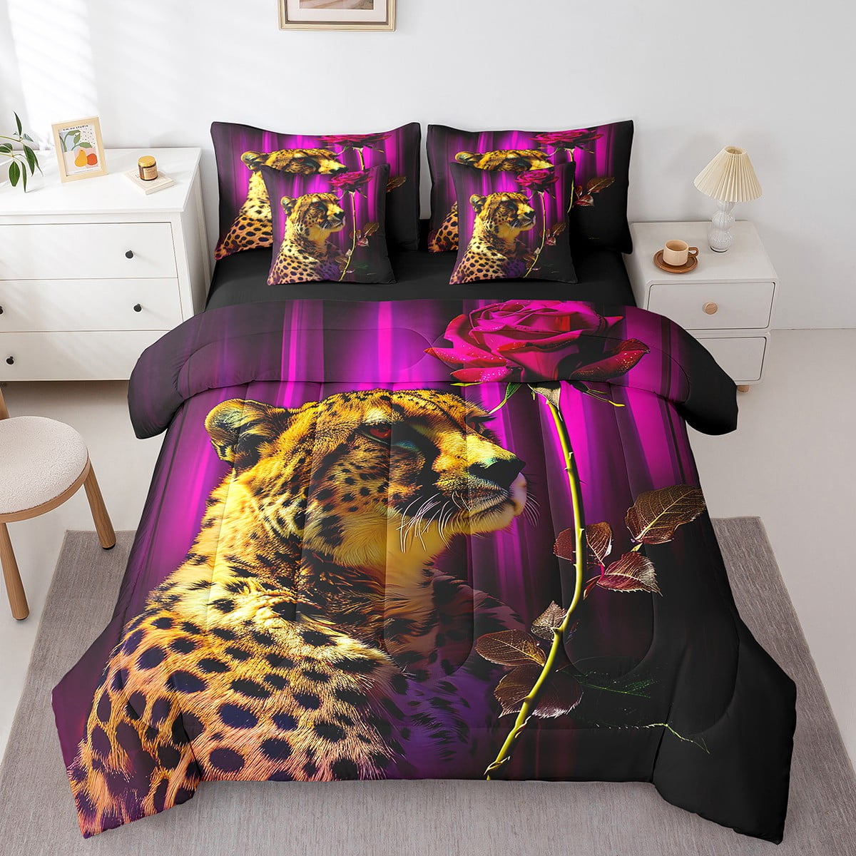 Leopard Rose Twin Comforter Set 7 Piece,Abstract Magenta Ombre Bed in a ...