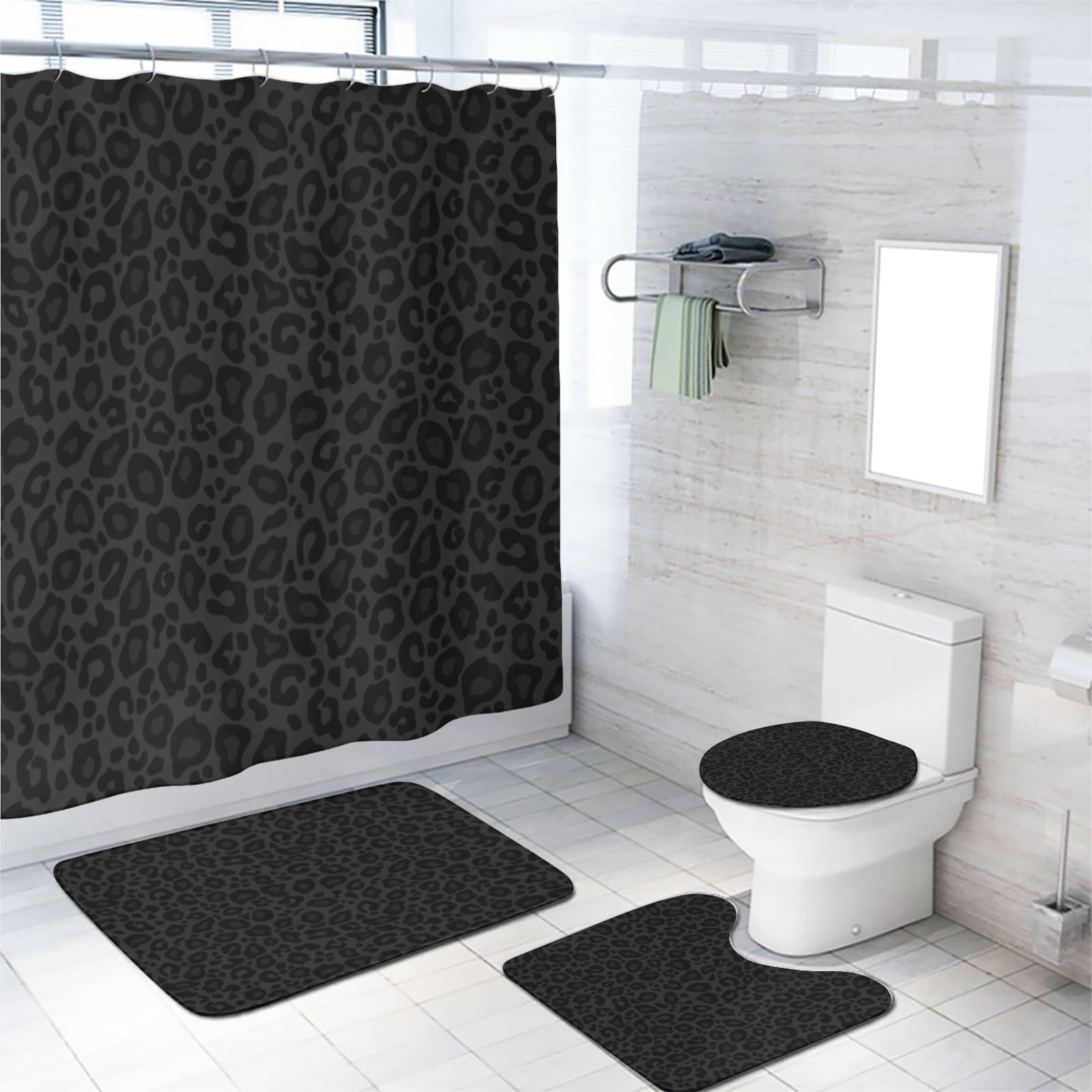 Leopard Shower Curtain Sets with Rugs 4 Piece Black Leopard Cheetah ...
