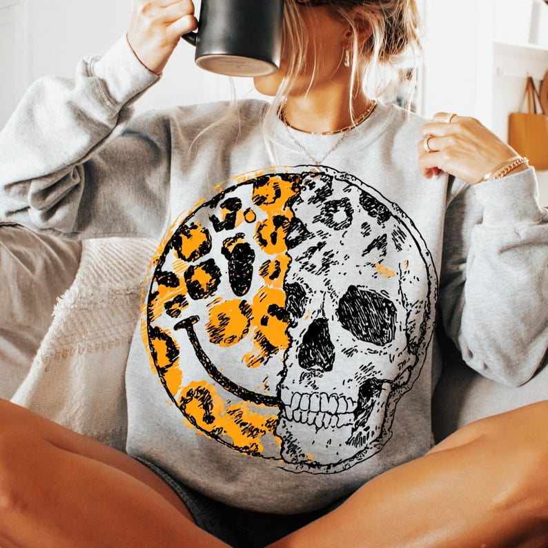 Leopard Skull Smiley Sweatshirt | Spooky Season Horror Vibes | Fall ...