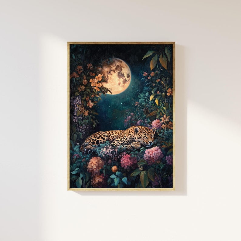 Leopard Sleeping In Flower Bed Under Full Moon Art Print Enchanting Leopards Lullaby, Celestial ...