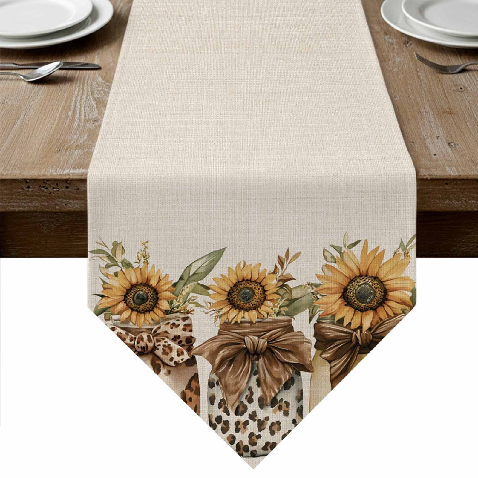 Leopard Sunflower Glass Bottle Table Runner Linen Burlap Table Runner ...