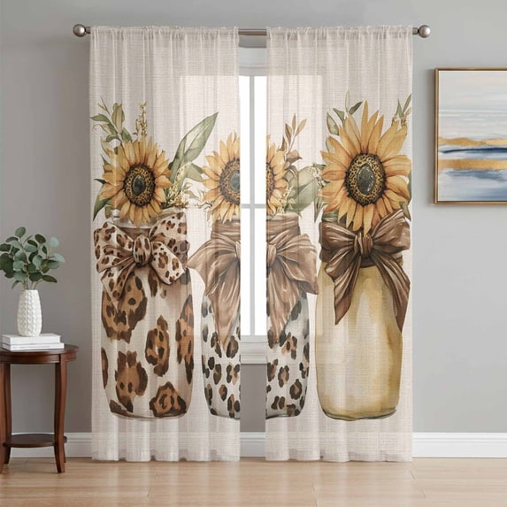 Leopard Sunflower Glass Semi Sheer Curtains 96 Inch Length 2 Panels Set ...