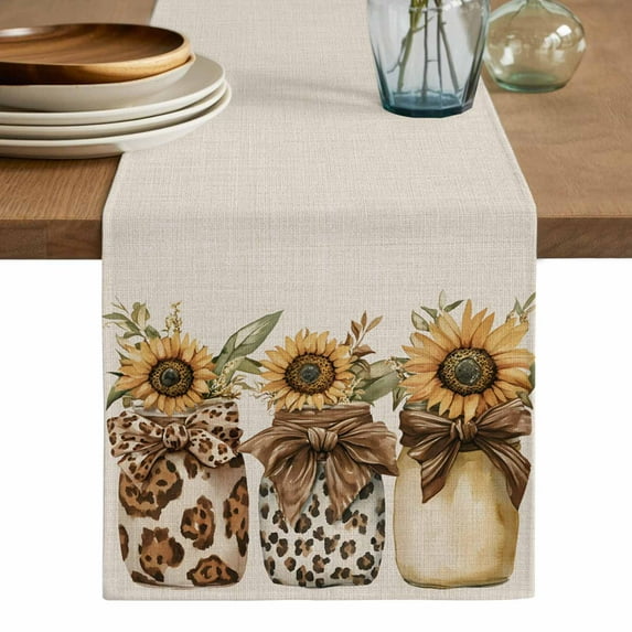 Leopard Sunflower Glass Table Runner, Brown Bow Rustic Washable Cotton ...