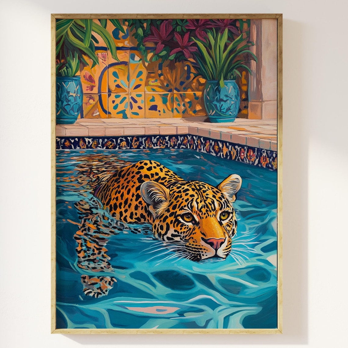 Leopard Swimming In Pool Eclectic Art Print Maximalist Leopard Decor ...