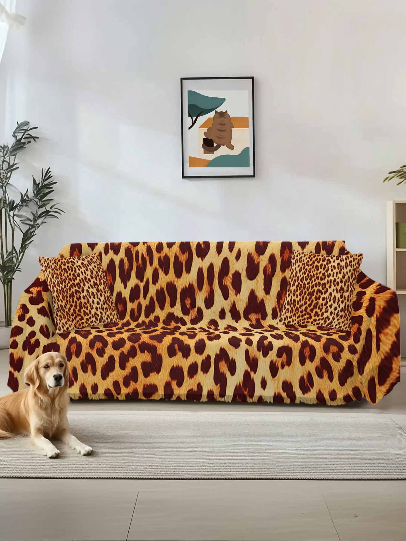 Leopard Texture Print Couch Cover for 2 Cushion Sofa, Orange Yellow ...