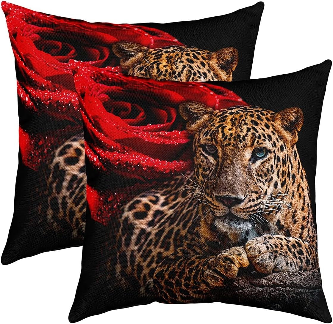 Leopard Throw Pillow Cover,Red Rose Pillow Cover Safari Animals Print ...