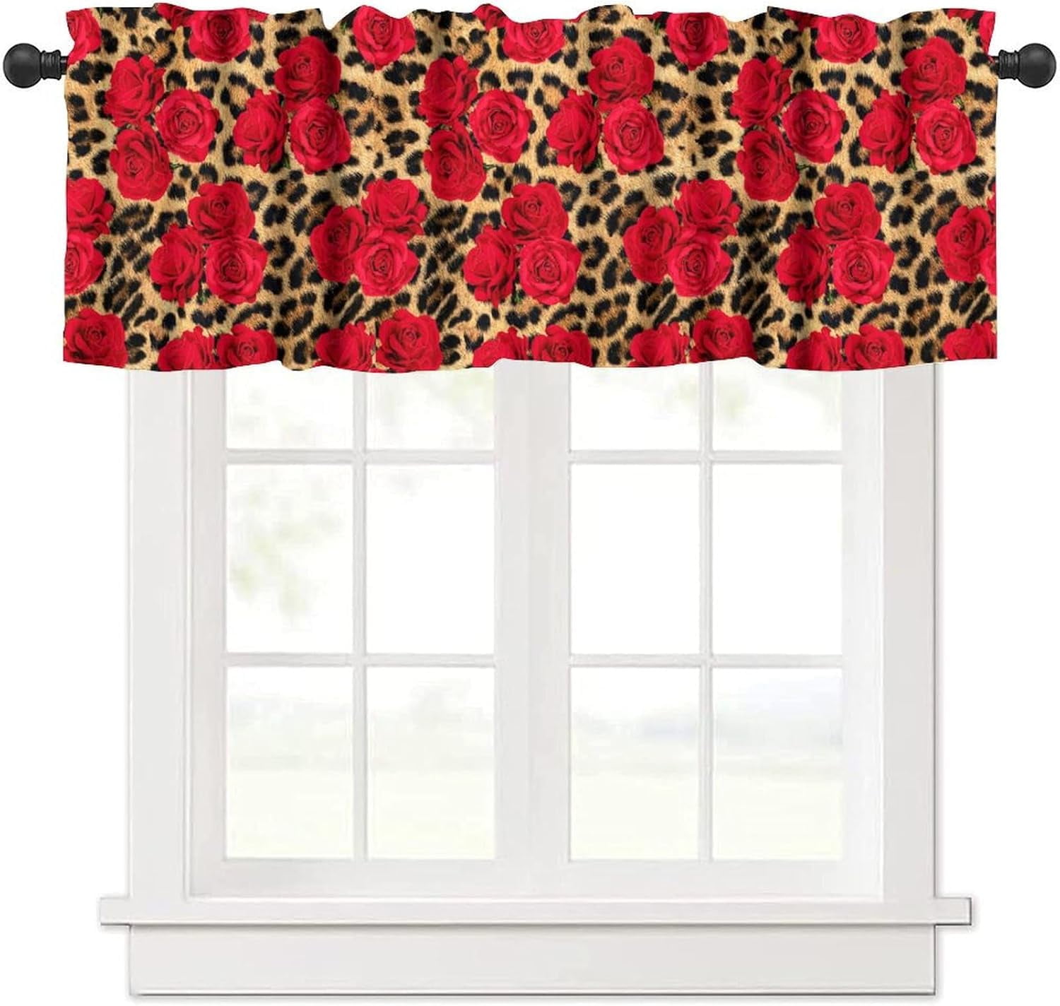 Leopard Valance Curtain Red Rose Flower Wild Animal Skin Pattern ...