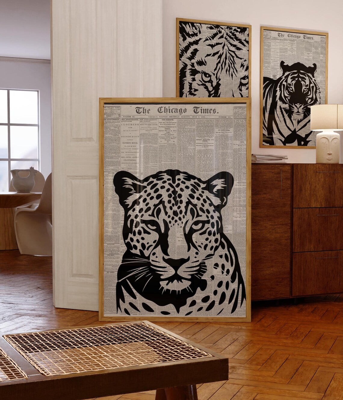 Leopard Wall Art-Big Cat Prints-Trendy Newspaper Wall Art-Jaguar Wall ...
