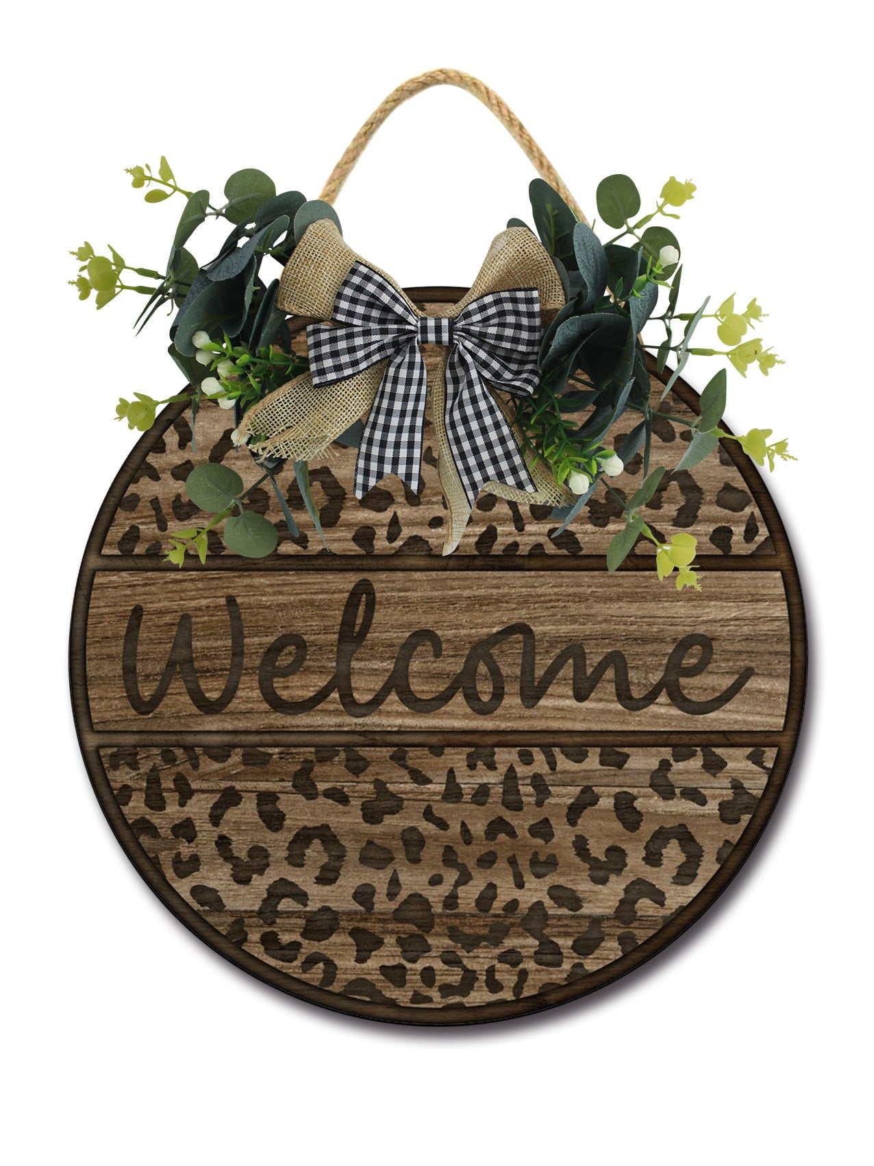 Leopard Welcome Sign Front Door Porch Decorations, Round Rustic Wood ...