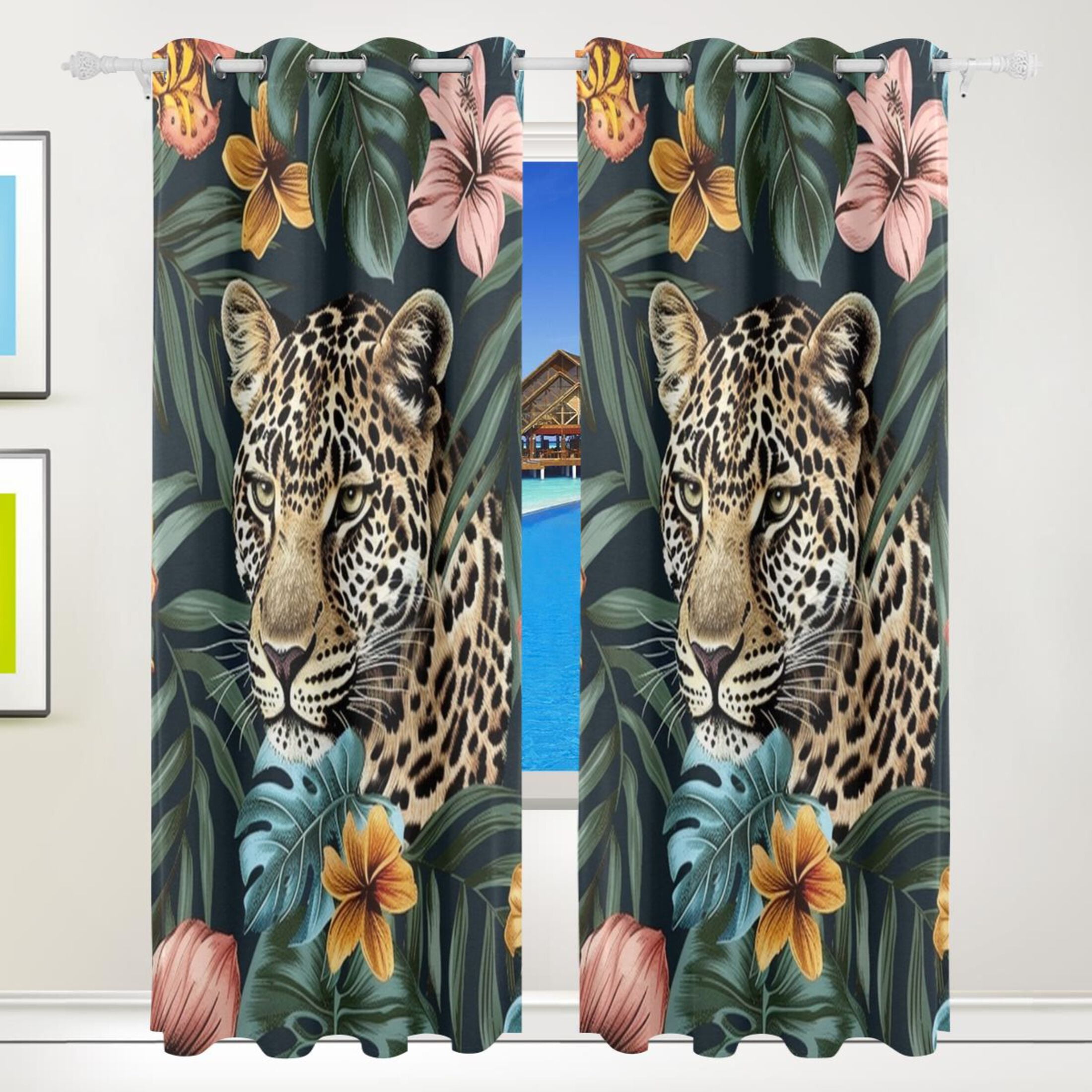 Leopard in Leaves Flower Blackout Curtains 84 inch Length 2 Panels ...